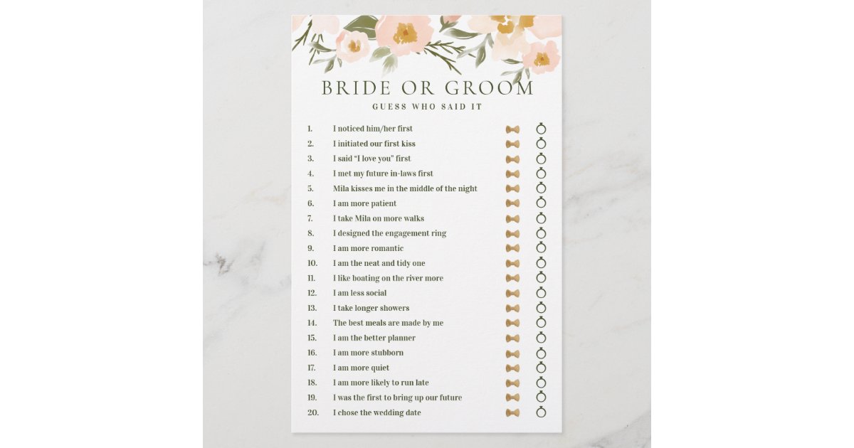 He Said She Said Blush Pink Floral Bridal Game | Zazzle