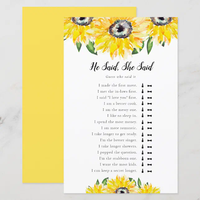 He Said She Said Sunflower Bridal Shower Game | Zazzle