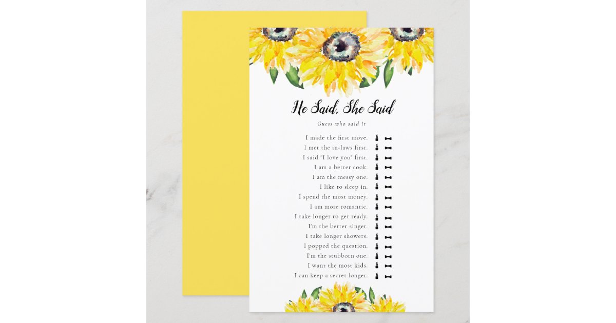 He Said She Said Sunflower Bridal Shower Game | Zazzle