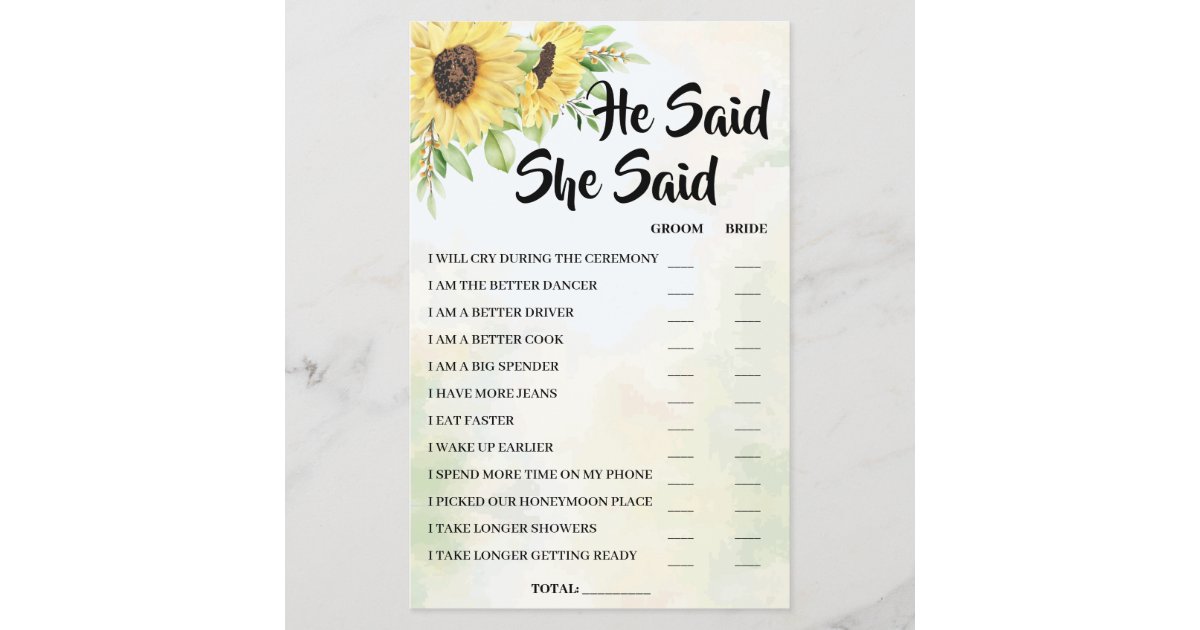 He Said She Said Sunflower Bridal Shower Game Card Flyer | Zazzle