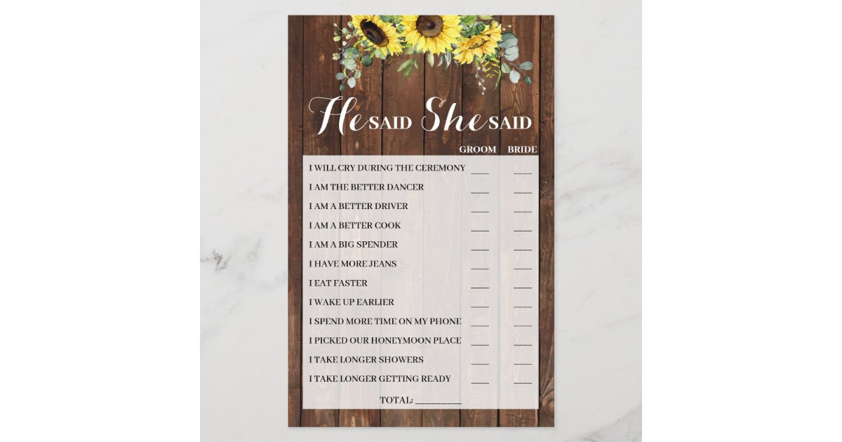 He Said She Said Sunflower Bridal Shower Game Card Flyer | Zazzle