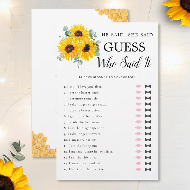 He Said She Said Sunflowers Bee Bridal Shower Game | Zazzle