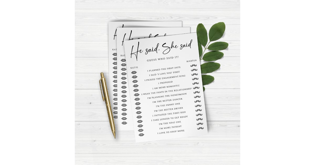 He Said She Said Wedding Engagement Party Game | Zazzle