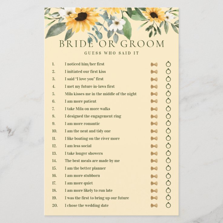 He Said She Said Yellow Floral Sunflower Game | Zazzle
