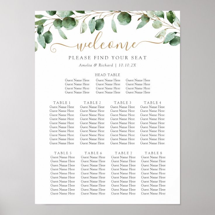 Head Table Eucalyptus Greenery Wedding Seating Poster | Zazzle