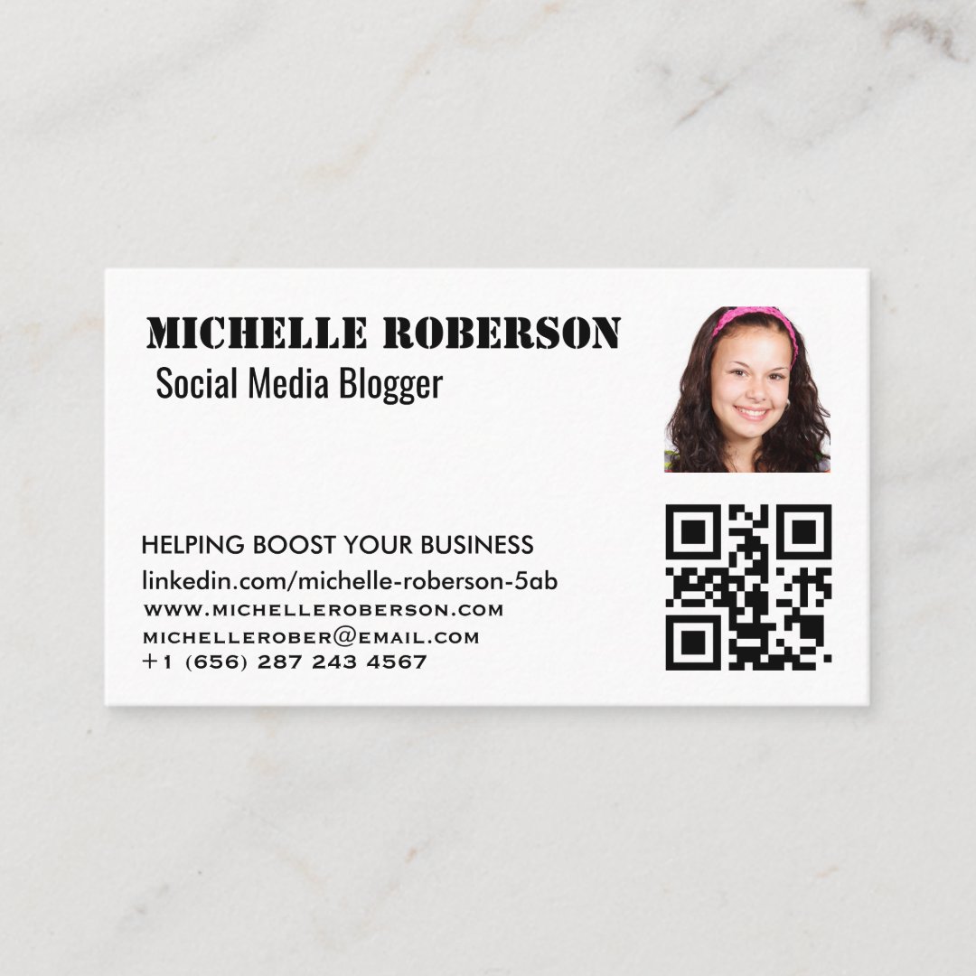 headshot and qr code clean white business card | Zazzle