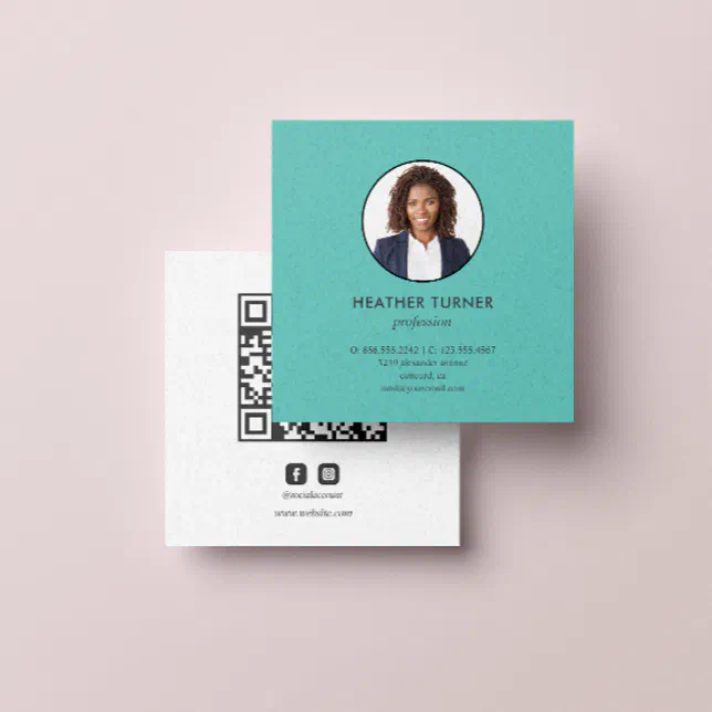 Headshot Photo QR CODE or Logo Professional TEAL Square Business Card ...