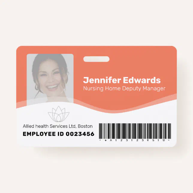 Health essential workers photo ID barcode orange Badge | Zazzle