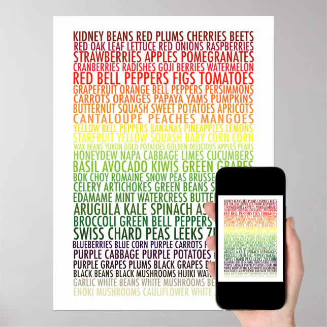 Healthy Eating Rainbow Fruits and Vegetables Text Poster | Zazzle