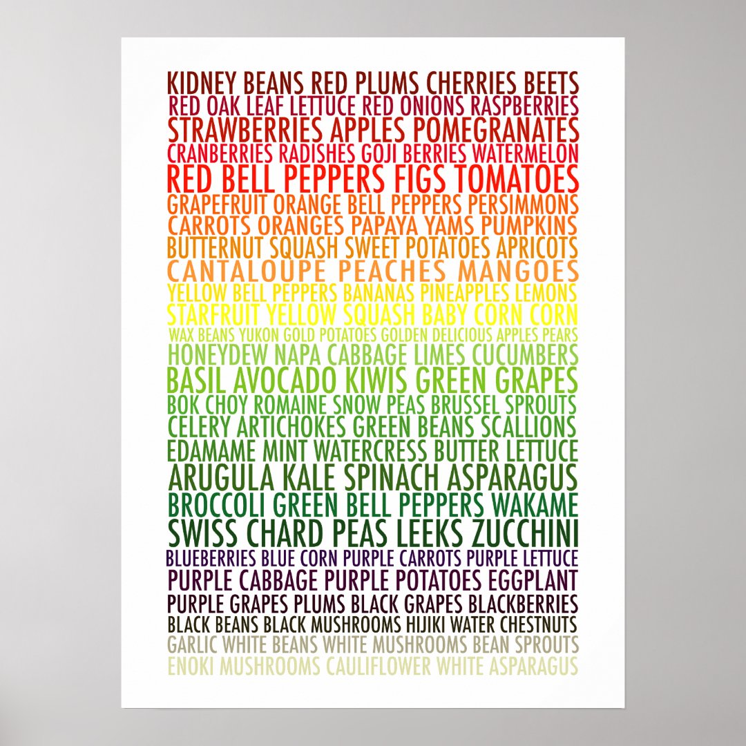 Healthy Eating Rainbow Fruits and Vegetables Text Poster | Zazzle
