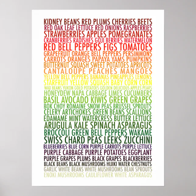 Healthy Eating Rainbow Fruits and Vegetables Text Poster | Zazzle