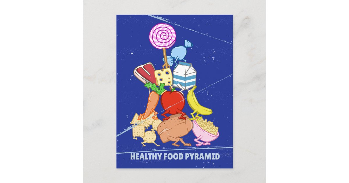 Healthy food pyramid funny cartoon illustration postcard | Zazzle