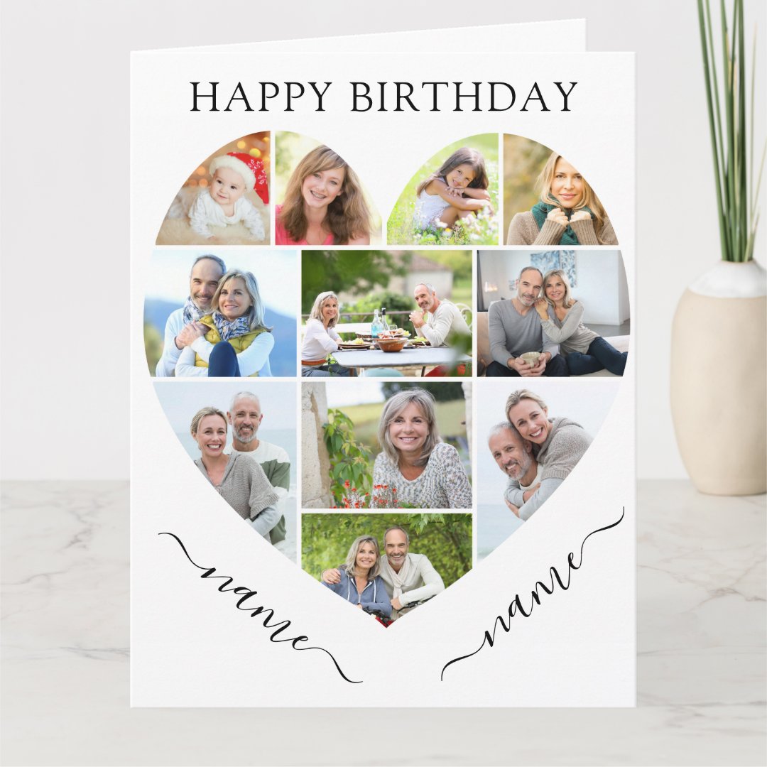 Heart 11 Photo Collage Twins Names Script Birthday Card | Zazzle
