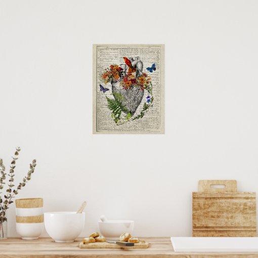 Heart Anatomy with Flowers Butterflies Hummingbird Poster | Zazzle