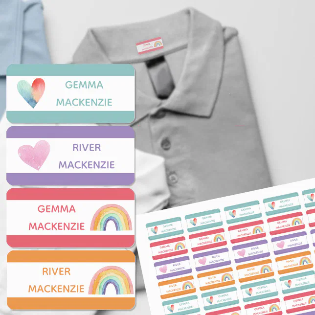 Heart and Rainbow Color Coded Clothing Name Labels | Zazzle