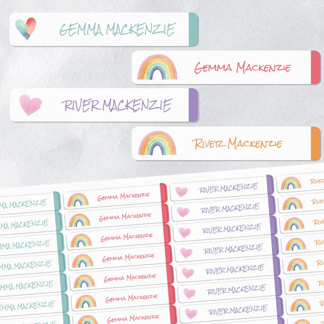 Heart and Rainbow Color Coded Girl Waterproof Name Labels | Zazzle