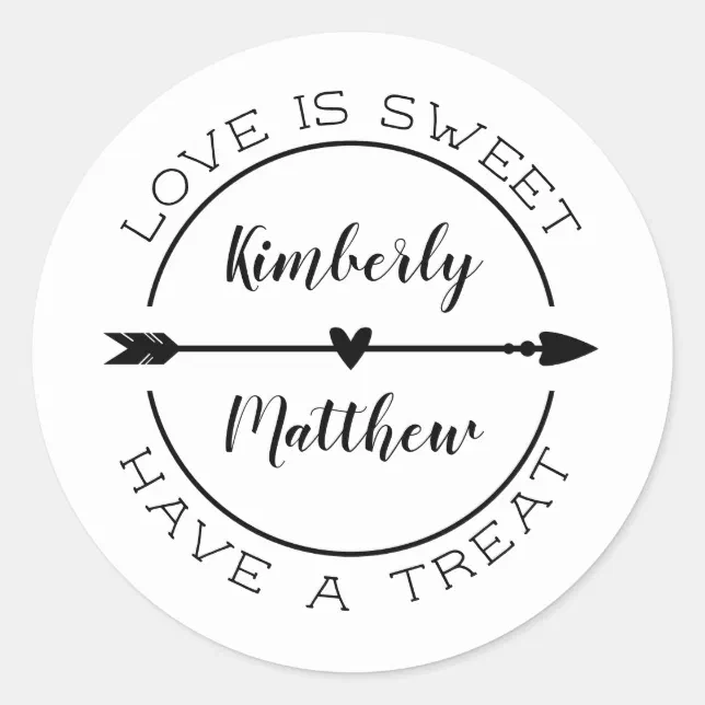 Heart And Arrow Love Is Sweet Wedding Favor Classic Round Sticker Zazzle