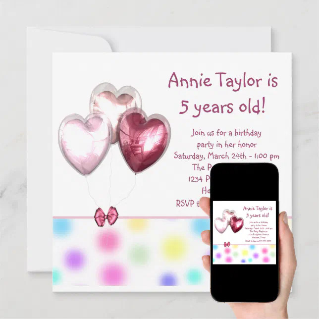 Heart Balloons Pink Girls 5th Birthday Party Invitation | Zazzle