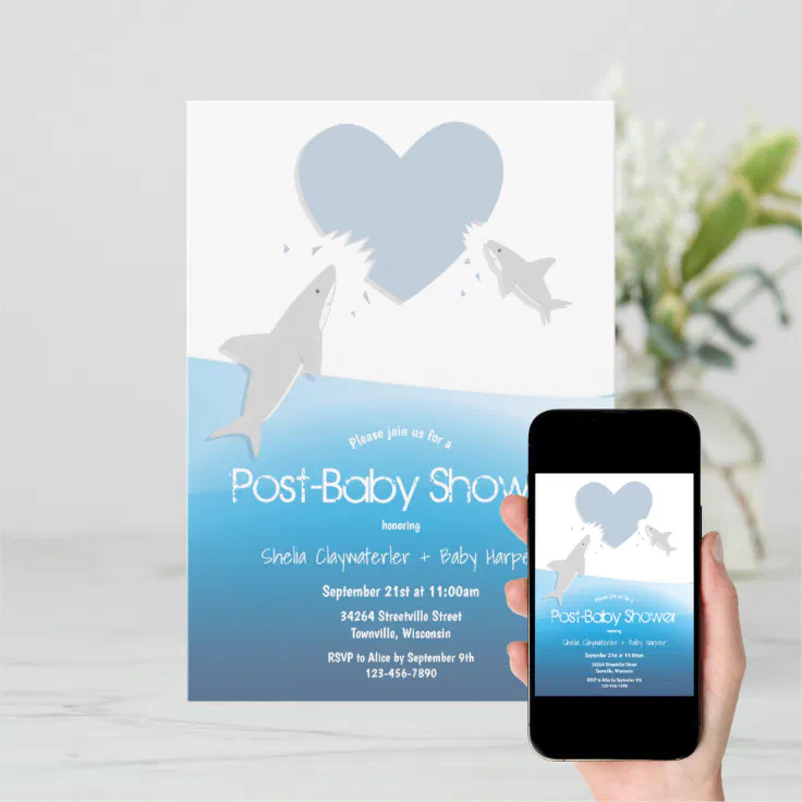 Heart Bites Sharks Post Baby Shower Invitation | Zazzle