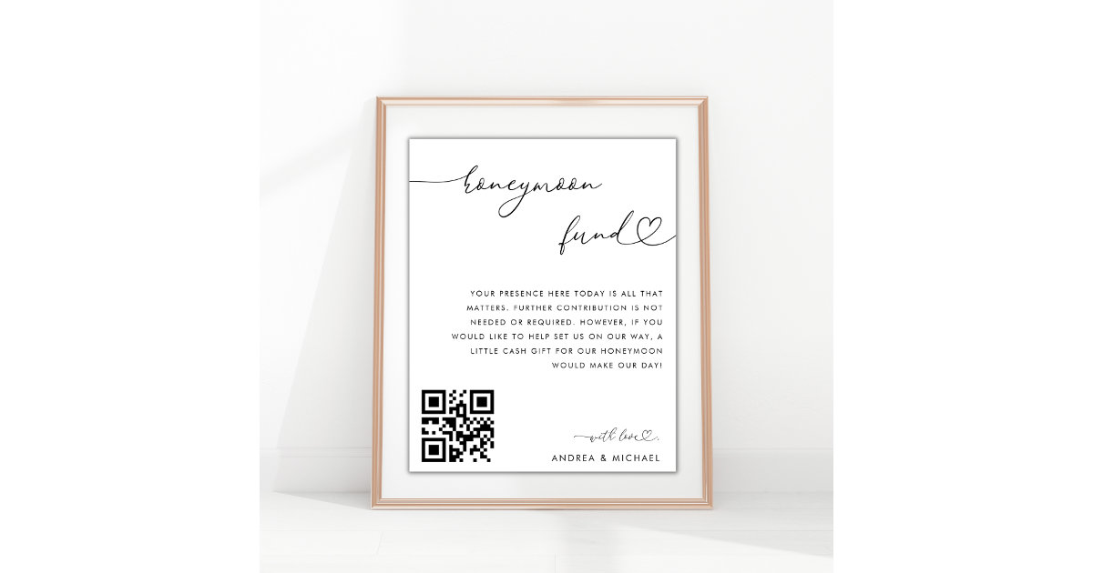 Heart Calligraphy Honeymoon Fund Elegant Wedding Poster | Zazzle