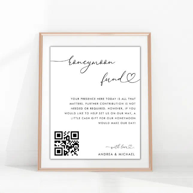 Heart Calligraphy Honeymoon Fund Elegant Wedding Poster | Zazzle