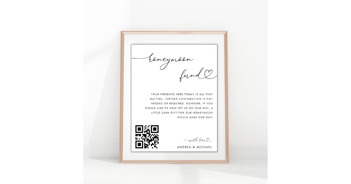 Heart Calligraphy Honeymoon Fund Elegant Wedding Poster | Zazzle