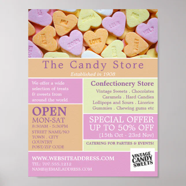 Heart Candy, Confectionery Supplies Advertising Poster | Zazzle