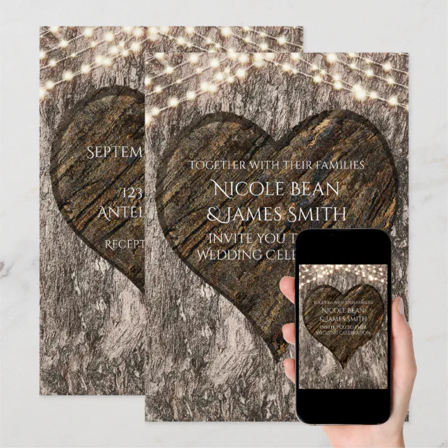 Heart Carved Tree & Lights Wedding Invitations | Zazzle