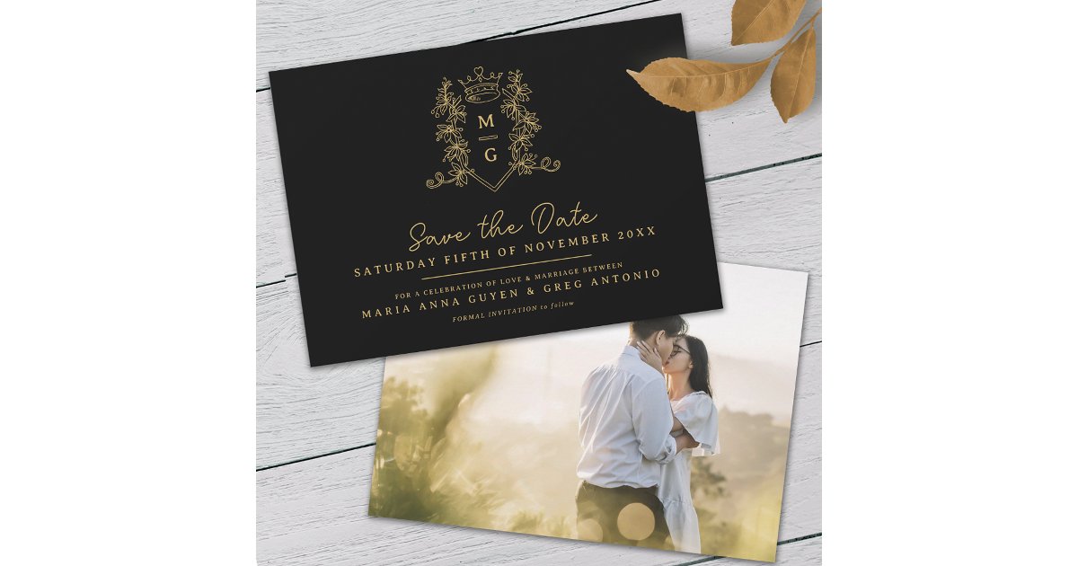 Heart crown crest black gold photo wedding save the date | Zazzle
