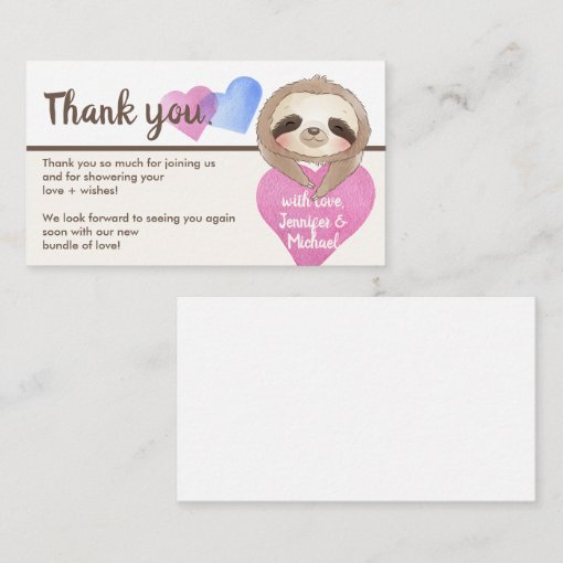 Heart Cute Baby Sloth Thank You Enclosure Card | Zazzle