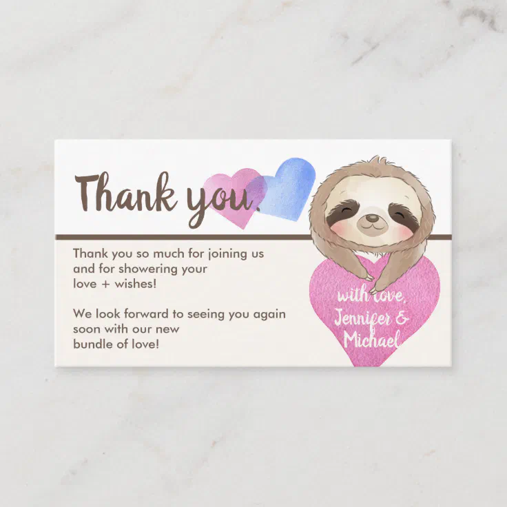 Heart Cute Baby Sloth Thank You Enclosure Card | Zazzle