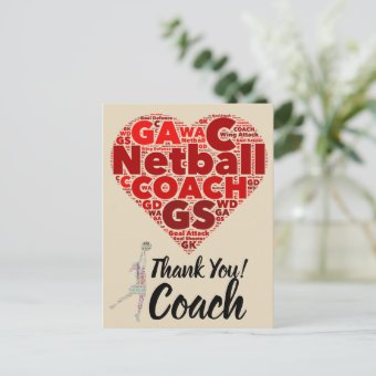 Heart Design Netball Coach Thank You Postcard | Zazzle