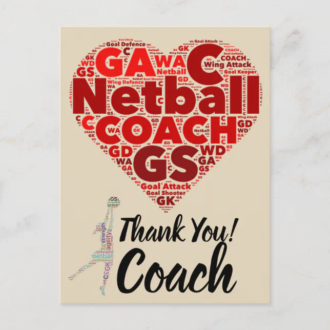 Heart Design Netball Coach Thank You Postcard | Zazzle