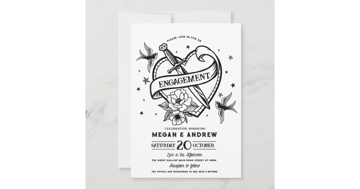 Heart Engagement Party Traditional Tattoo Invite | Zazzle