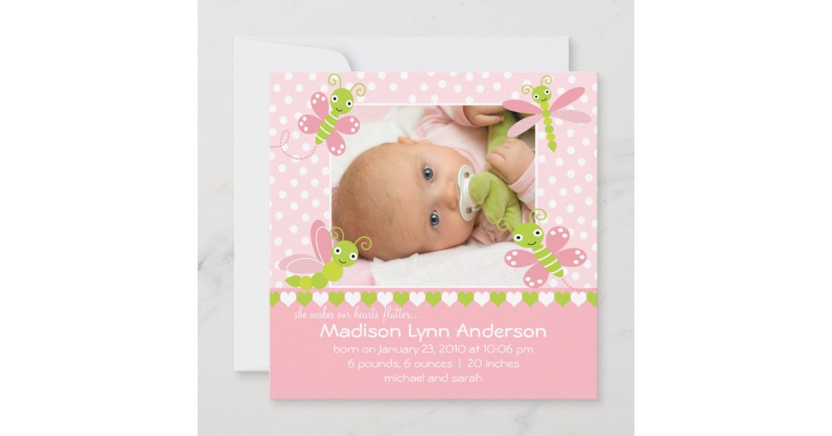Heart Flutter Baby Girl Photo Announcement | Zazzle
