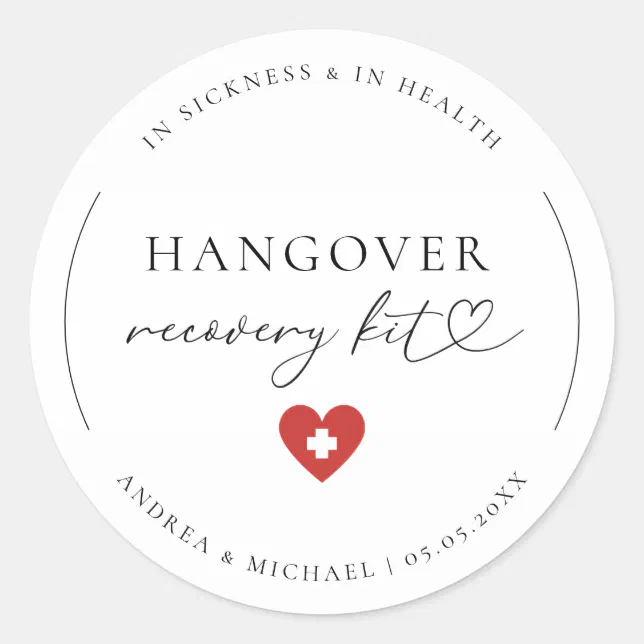 Heart Hangover Recovery Kit Wedding Party Favor Classic Round Sticker ...