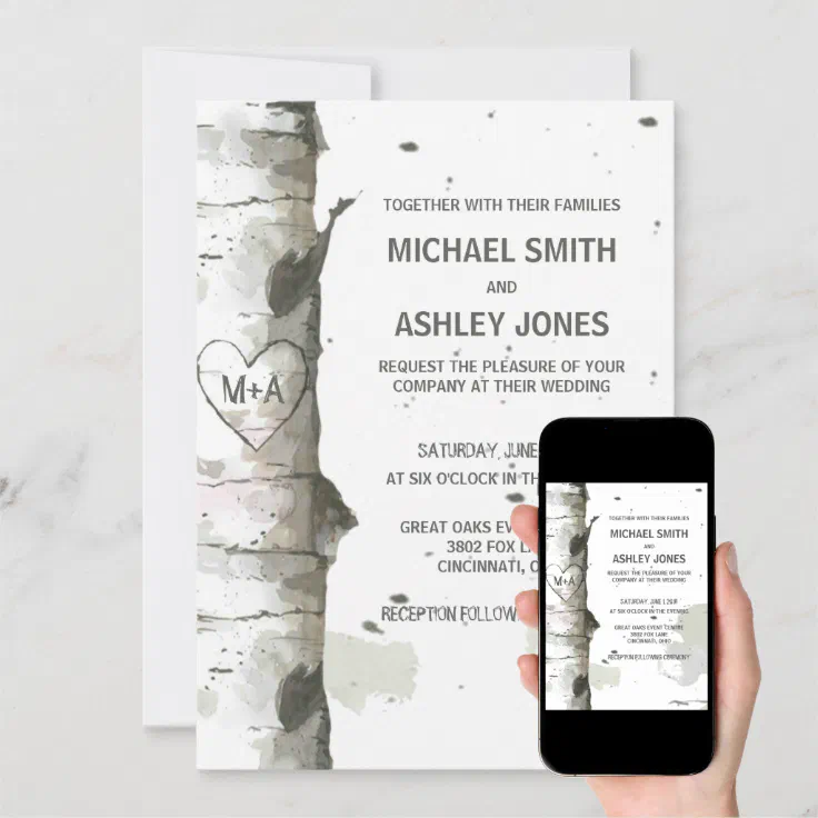 Heart In Tree with Initials Wedding Invitations | Zazzle