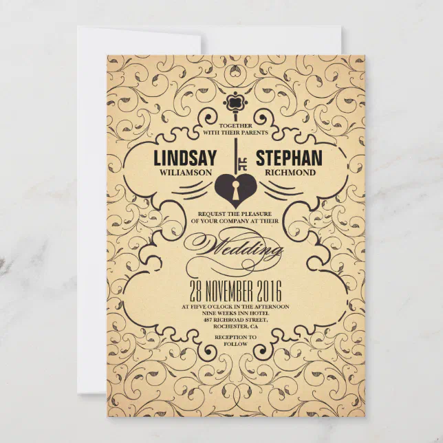 Heart Key Vintage Wedding Invitation | Zazzle
