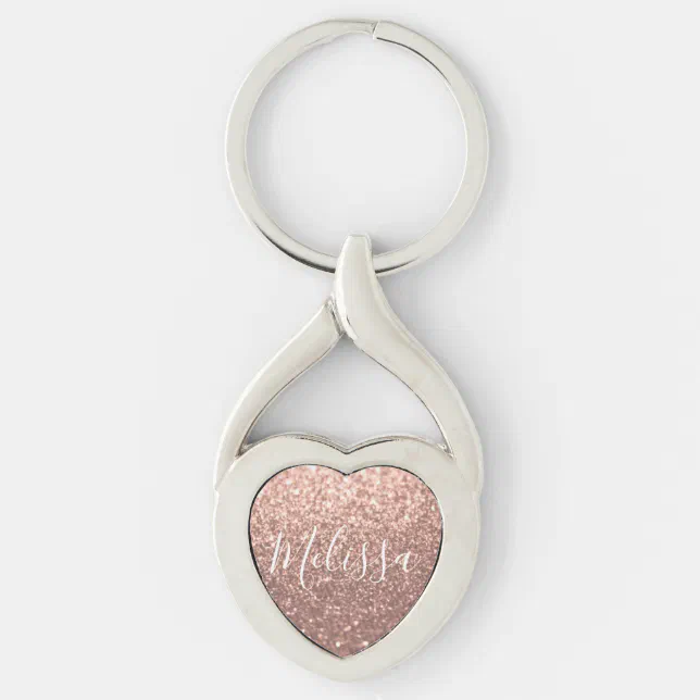 Heart Keychain Glitter Personalized Name Rose Gold | Zazzle