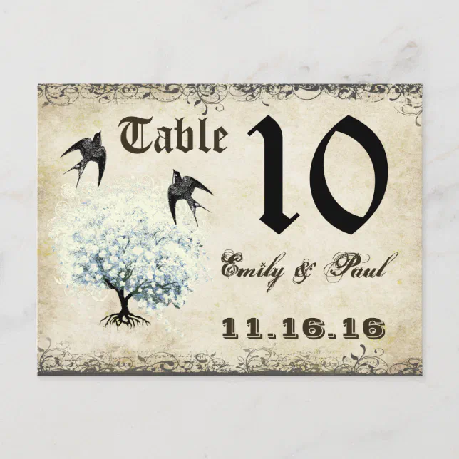 Heart Leaf Blue Tree Birds Table Number Card | Zazzle