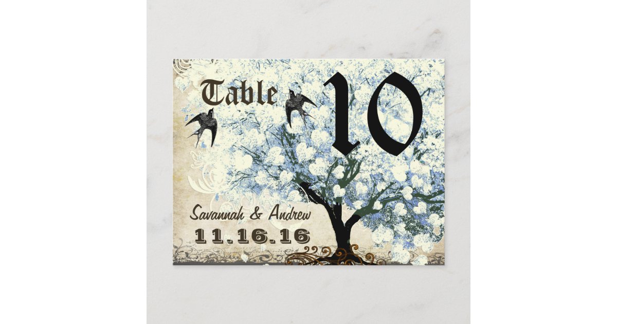 Heart Leaf Blue Tree Birds Table Number Card | Zazzle