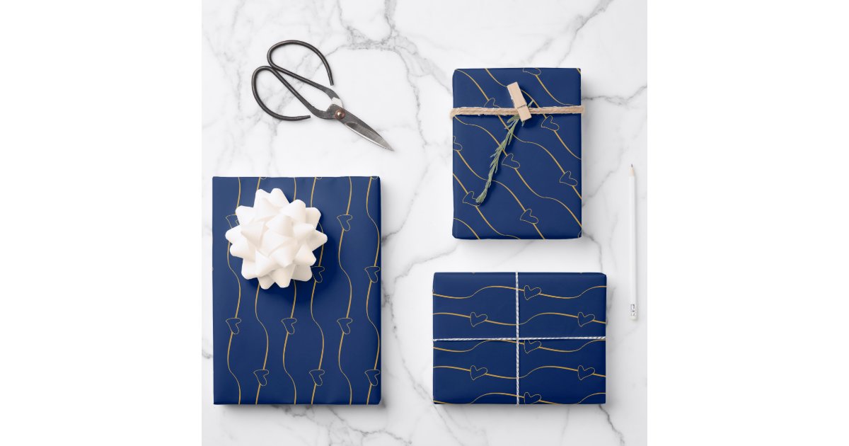 Heart Link, Gold Deep Sapphire Wedding Engagement Wrapping Paper Sheets ...