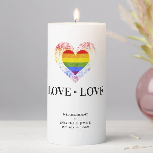 Heart Loving Memory Gay Lesbian LGBT Pride Funeral Pillar Candle | Zazzle