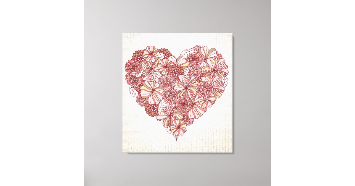 Heart made of hand drawn flowers canvas print | Zazzle