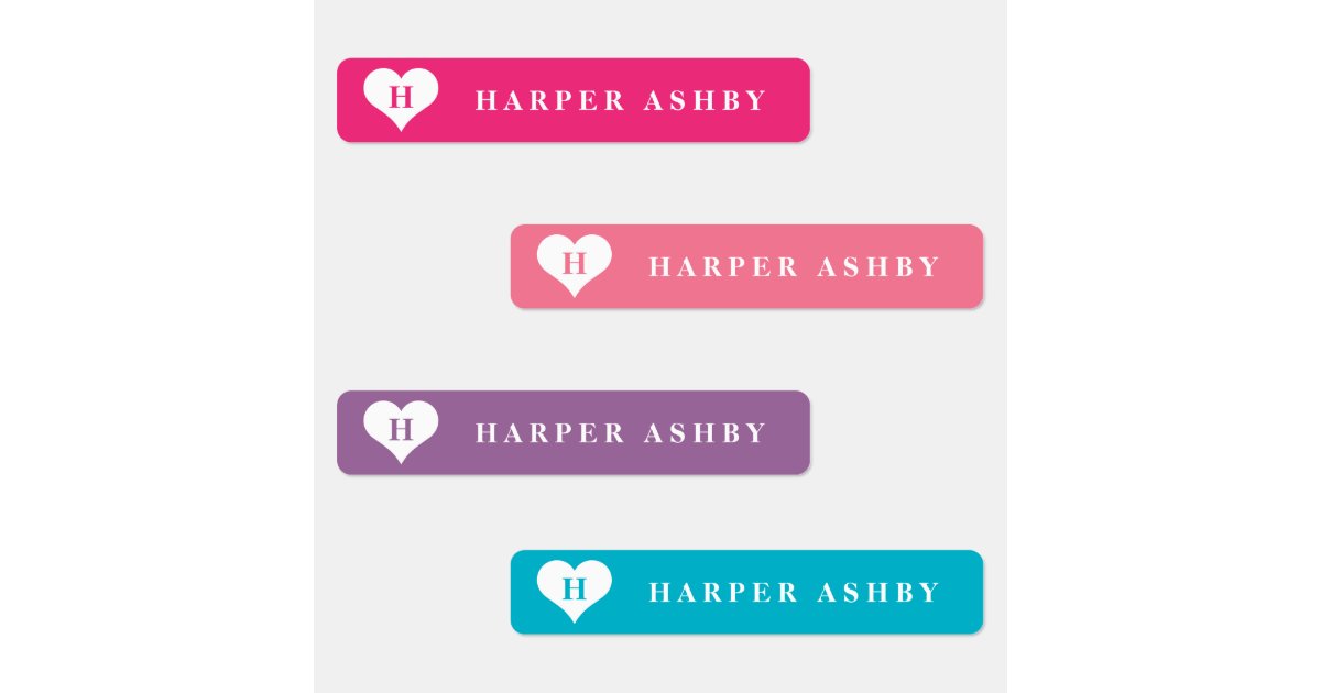 Heart Monogram Colorful Waterproof Name Labels | Zazzle