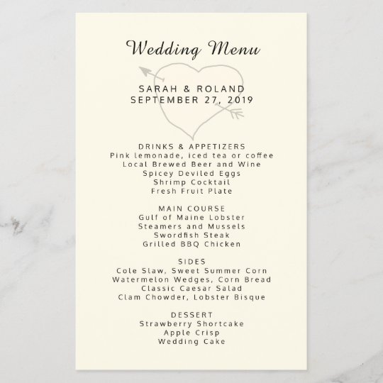 Heart n Arrow Custom Ecru Simple Wedding Menu | Zazzle.com