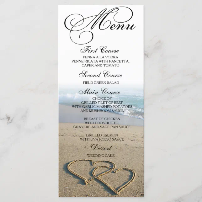 Heart on the Shore Beach Wedding Dinner Menu Card | Zazzle