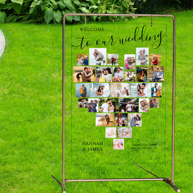 Heart Photo Collage 29 Picture Wedding Welcome Acrylic Sign | Zazzle