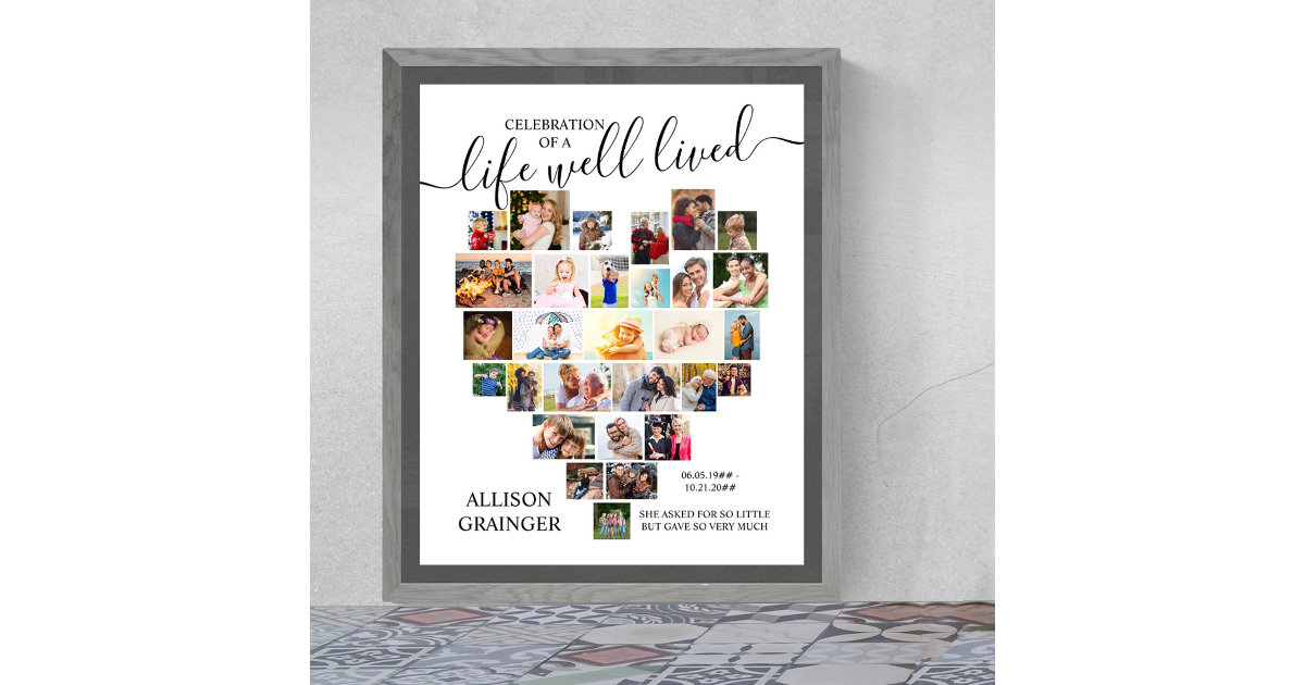 Heart Photo Collage Life Well Lived Custom Funeral Poster | Zazzle
