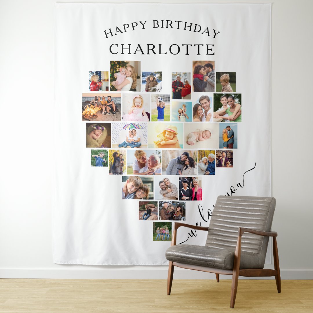 Heart Photo Collage Personalized Happy Birthday Tapestry | Zazzle
